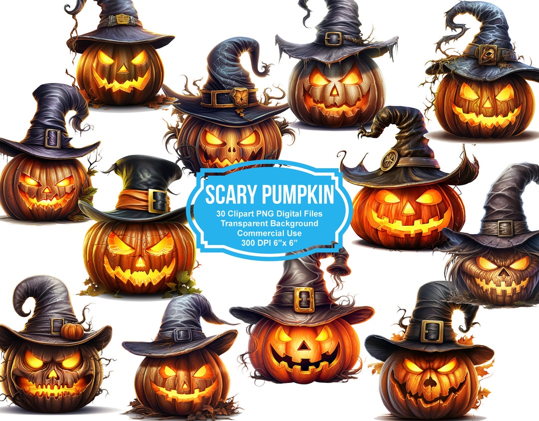30 Watercolor Scary Pumpkin Clipart 6" X 6" - Transparent Background ...