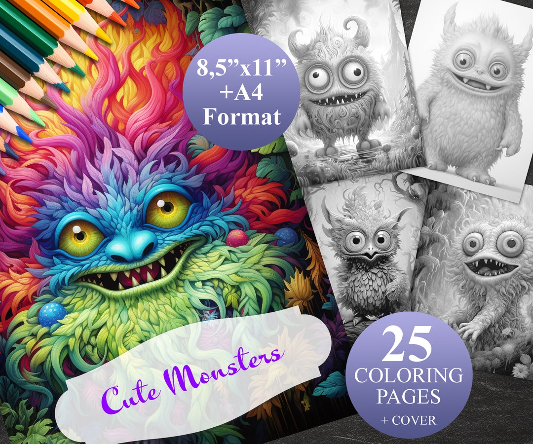 25 Cute Monsters Coloring Pages Cover, Printable Adult Coloring Book ...