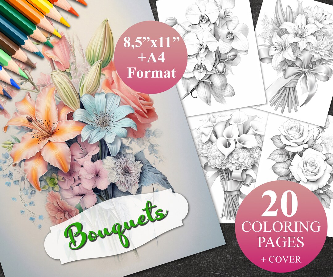 20 Beautiful Bouquets Coloring Pages + Cover, Printable Adult Coloring ...