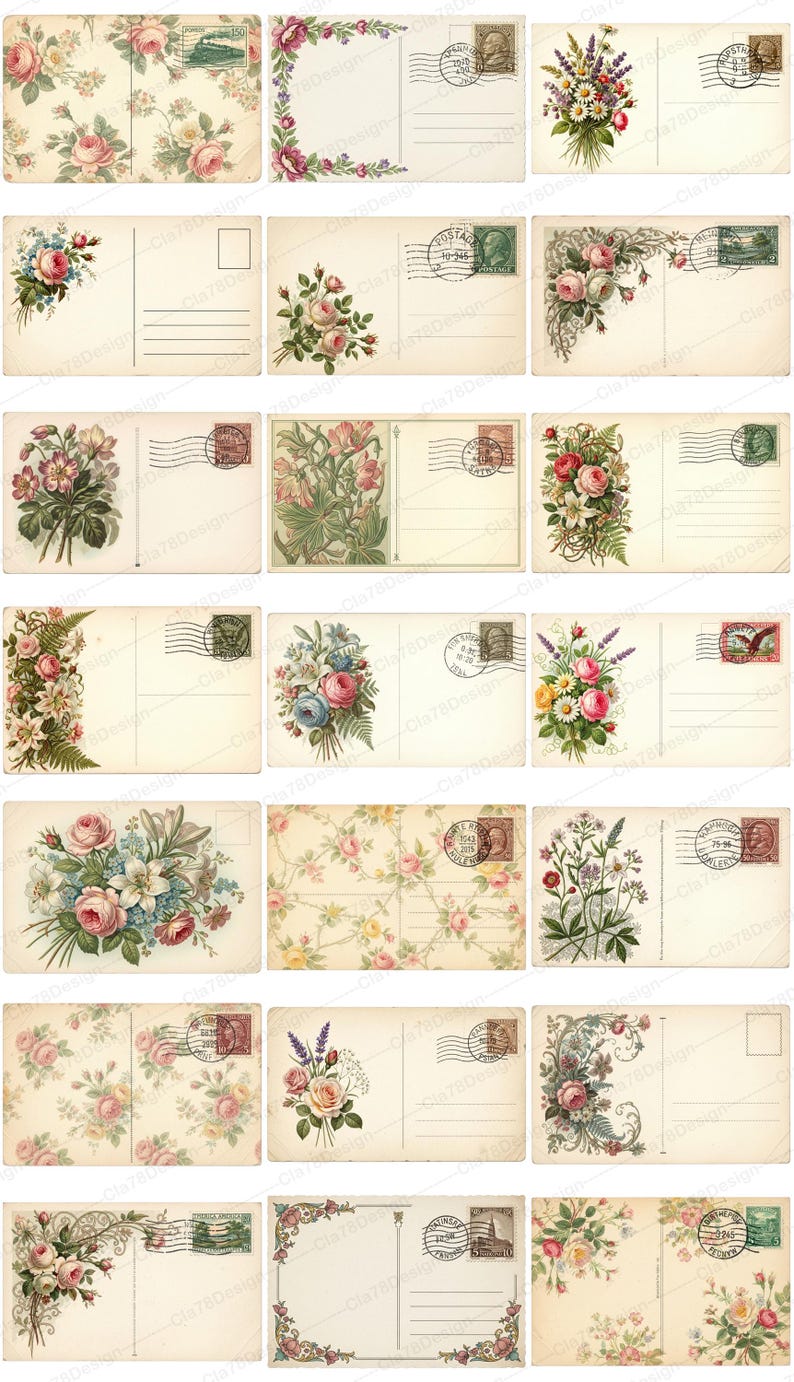 Printable Vintage Postcards, Floral Junk Journal Ephemera, Antique Post ...