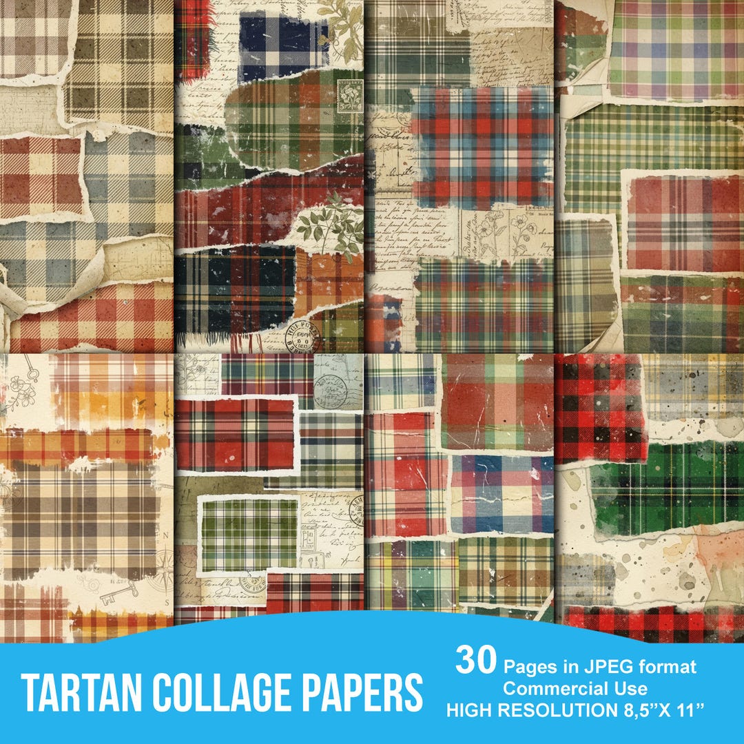 Tartan Plaid Digital Paper Collage, Christmas Patterns, Red Green Gold ...
