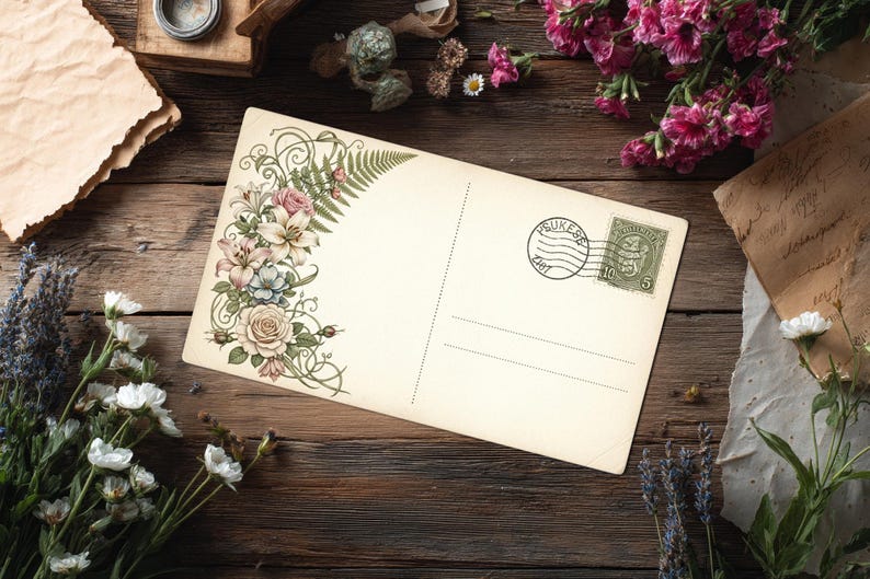 Printable Vintage Postcards, Floral Junk Journal Ephemera, Antique Post ...