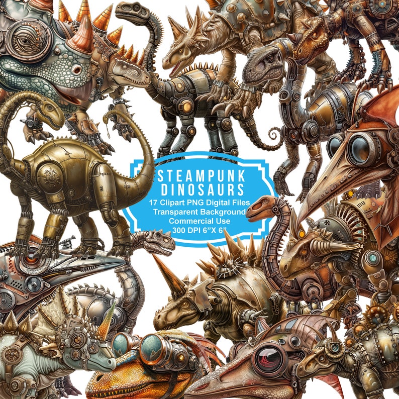 17 Steampunk Dinosaurs Clipart 6" X 6" - Transparent Background Digital ...