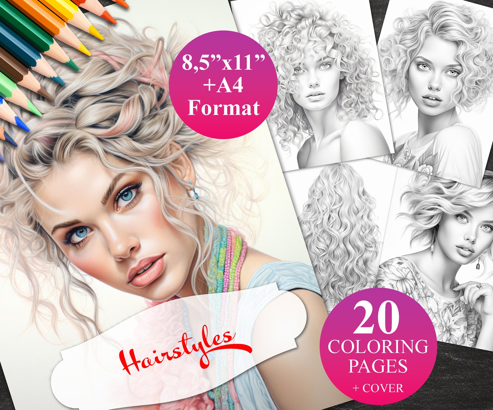 20 Hairstyles Coloring Pages Cover, Printable Adult Coloring Book ...