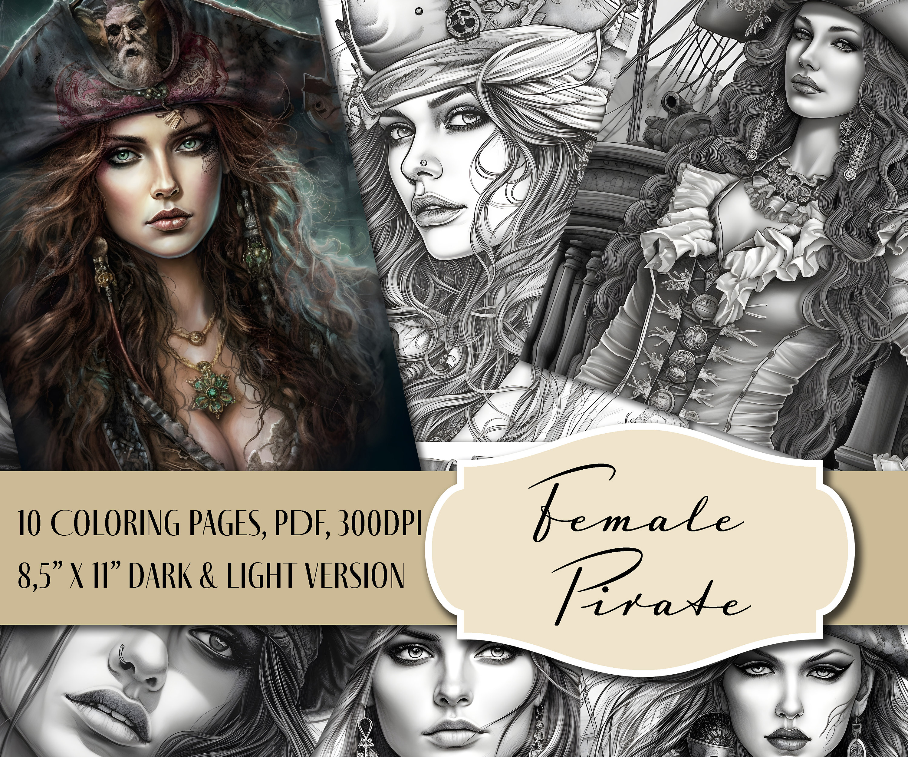 10 Grayscale Female Pirates Coloring Book, Printable Adult Coloring ...
