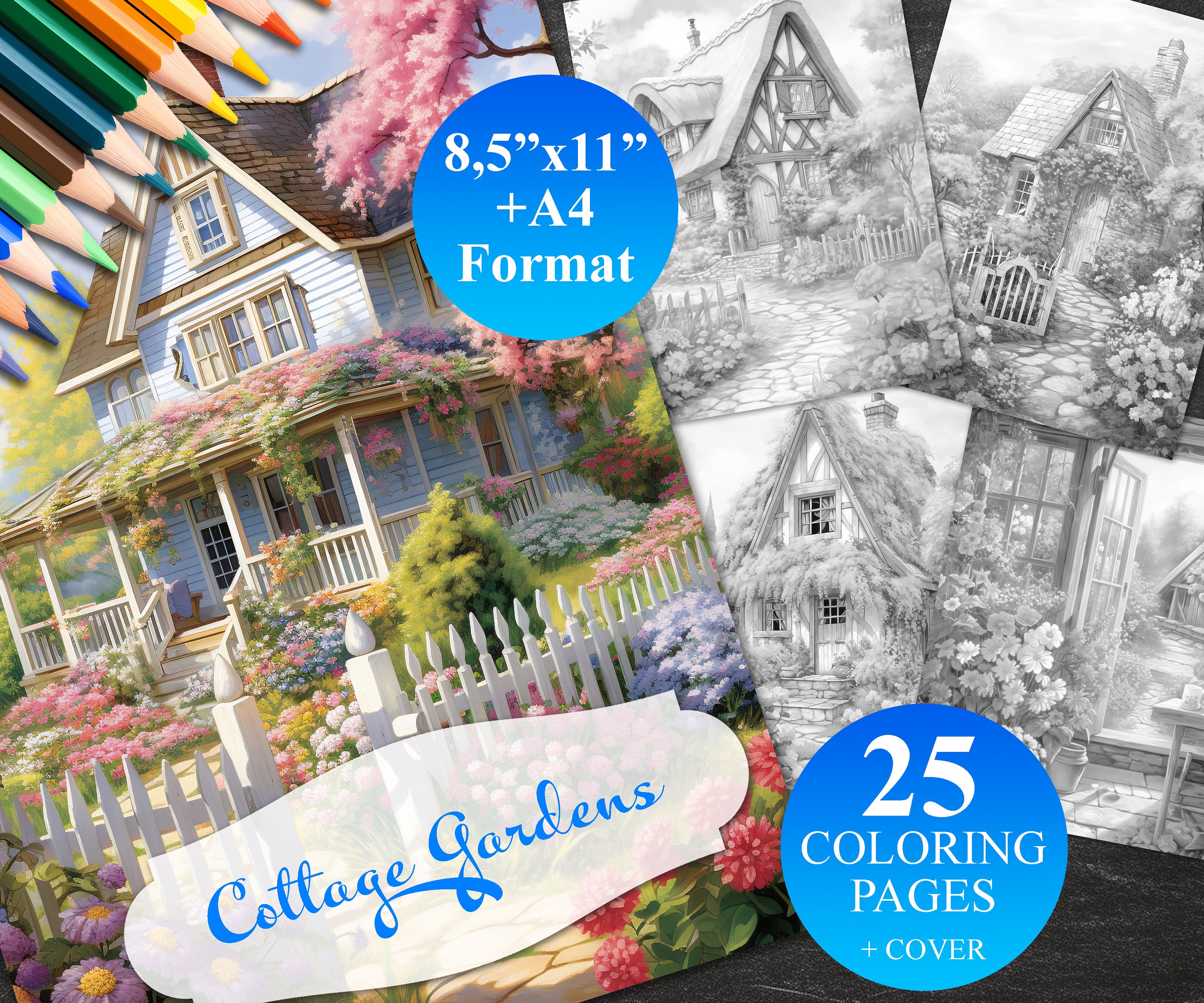 25 Cottage Gardens Coloring Pages Cover, Printable Adult Coloring Book ...