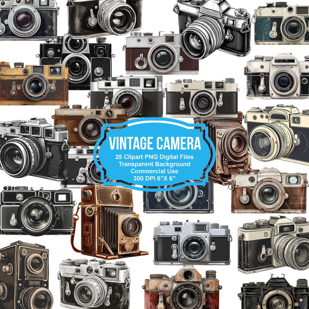 25 Vintage Camera Clipart 6" X 6" - Transparent Background Digital ...