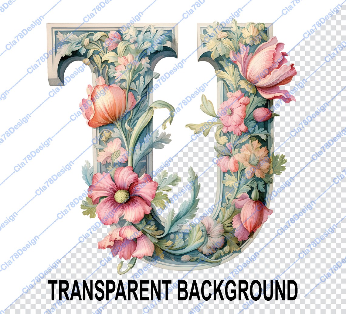 26 Floral Letters Clipart 5 X 5 Transparent Background Digital Download ...