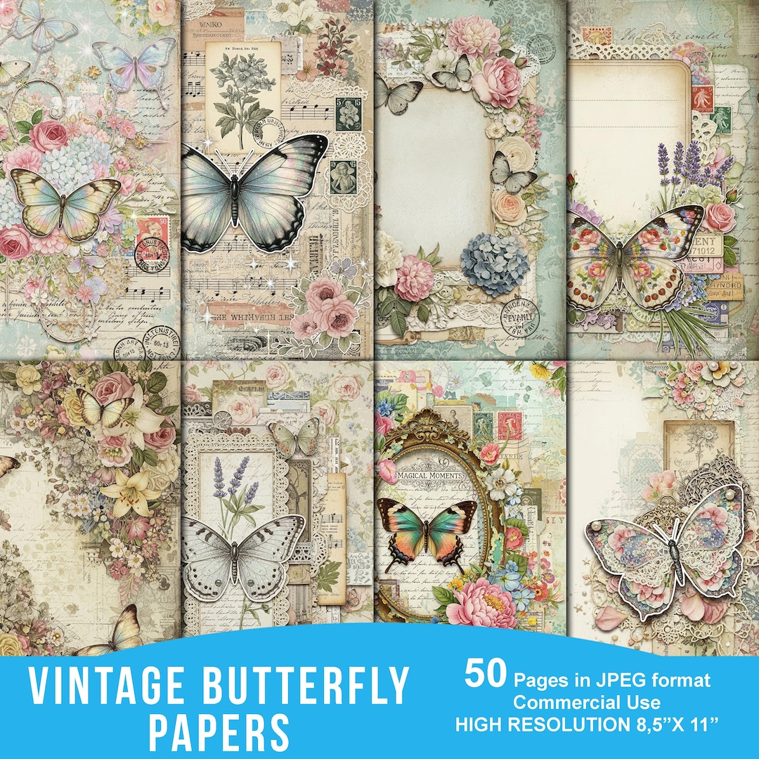 Vintage Butterfly Digital Paper, Shabby Chic Floral Pages, Junk Journal ...