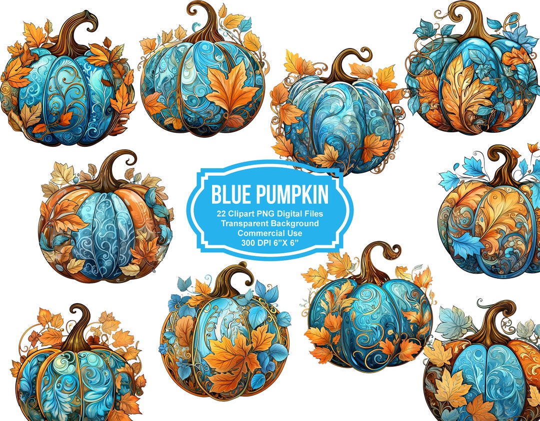 22 Watercolor Blue Pumpkin Clipart 6" X 6" - Transparent Background ...