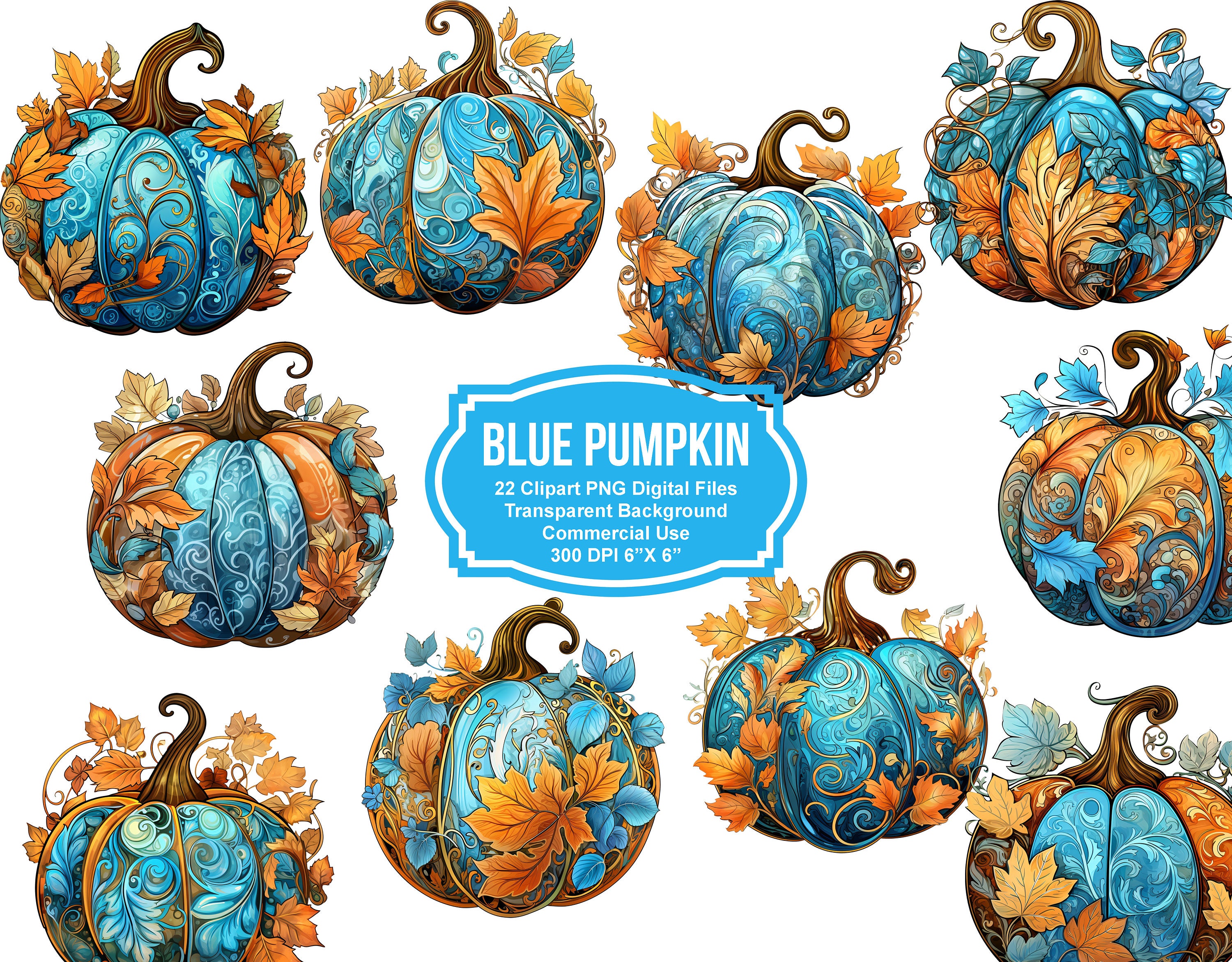 22 Watercolor Blue Pumpkin Clipart 6 X 6 Transparent Background Digital ...