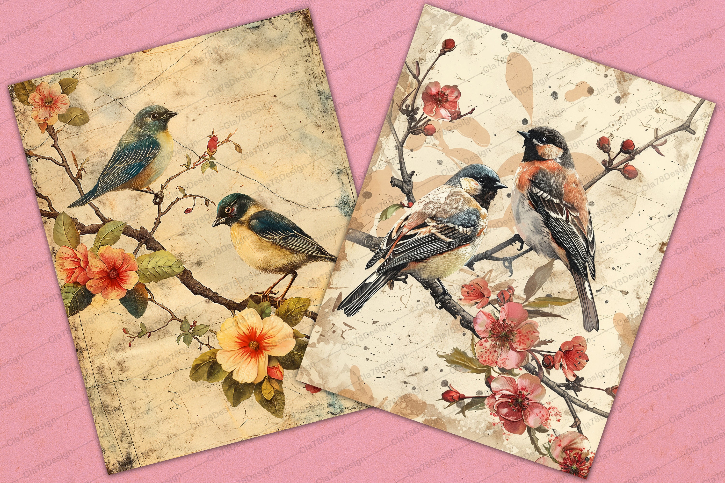 25 Vintage Bird Junk Journal Pages, Digital Floral Scrapbook Paper ...
