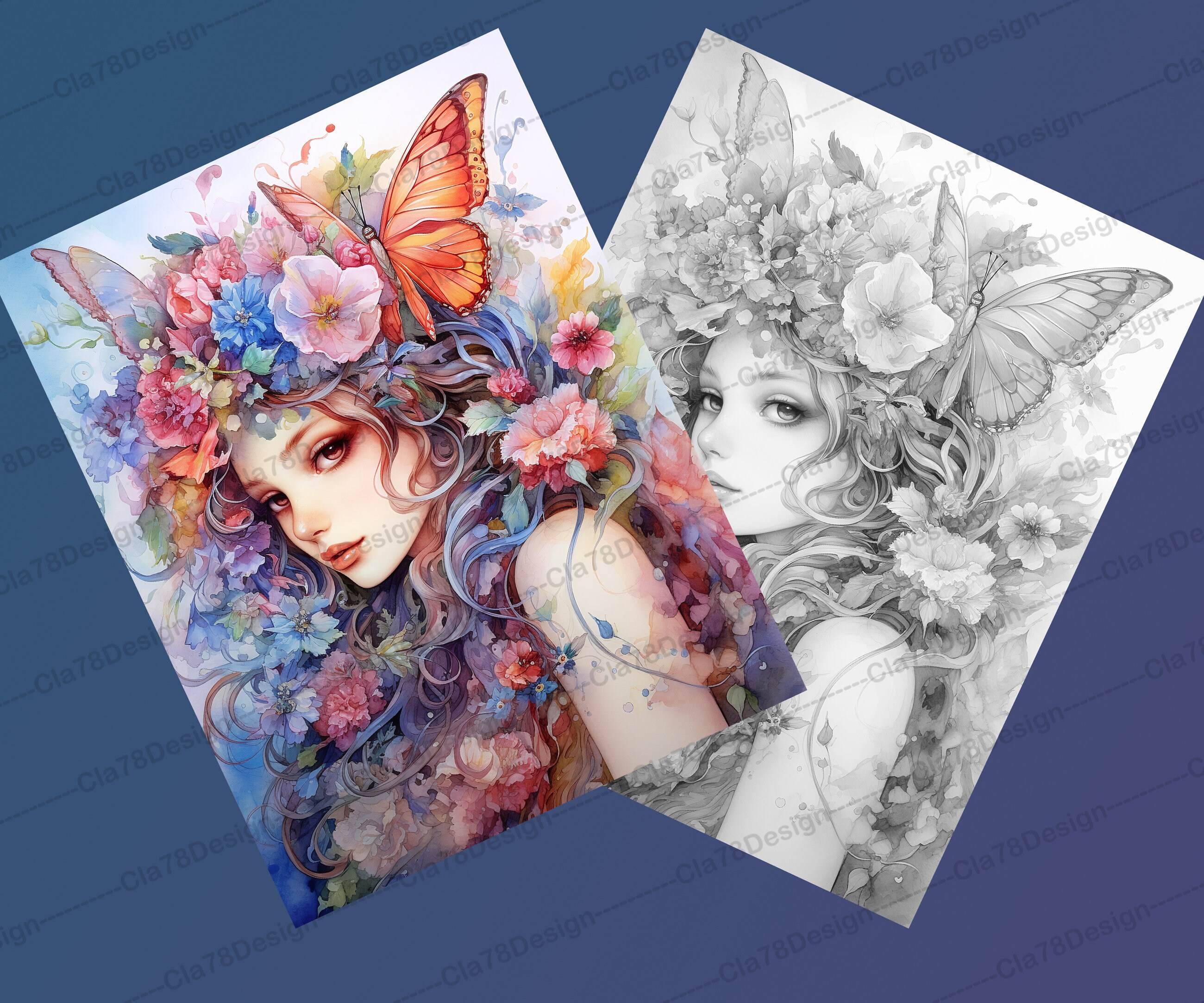 20 Fairy Butterflies Coloring Pages Cover, Printable Adult Coloring ...