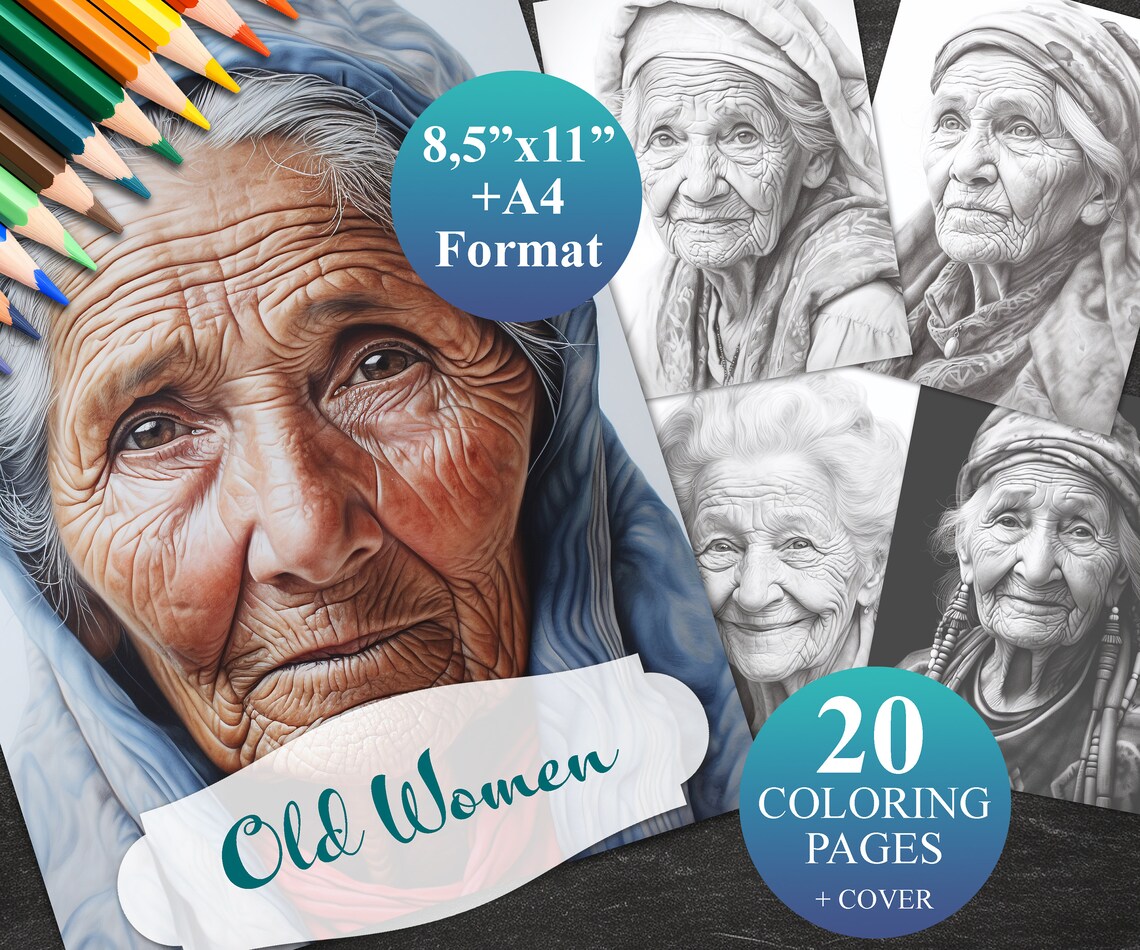 20 Old Women Coloring Pages Cover, Printable Adult Coloring Book ...
