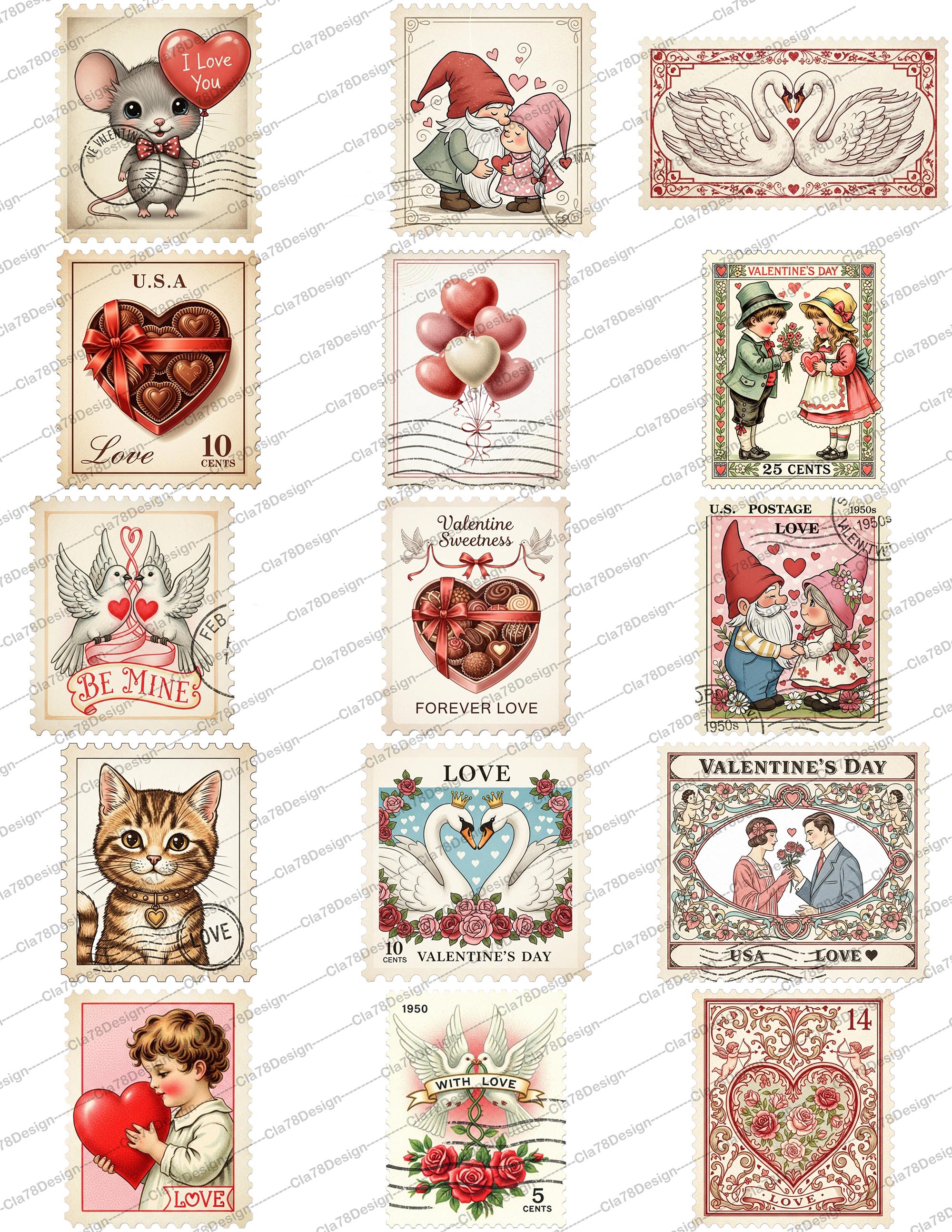 Vintage Valentine Ephemera Stamps, Printable Stamp Sheets, Digital ...