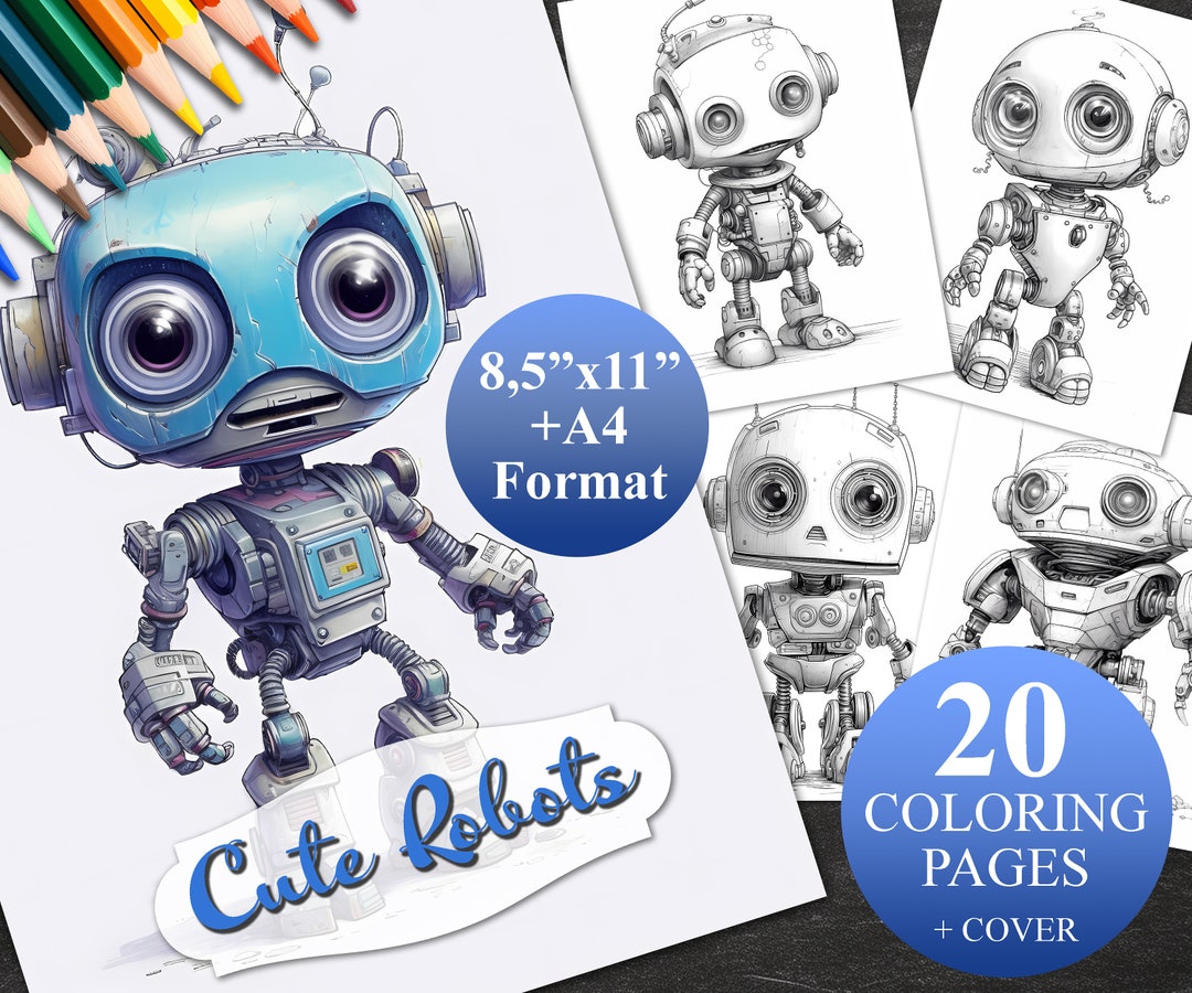 20 Cute Robots Coloring Pages + Cover, Printable Adult Coloring Book ...