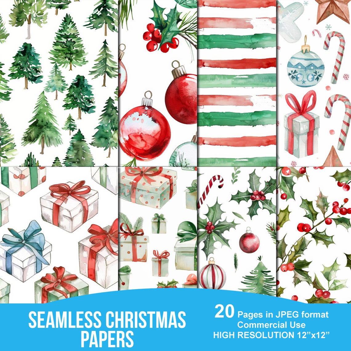 Seamless Watercolor Christmas Digital Paper, Seamless Printable ...