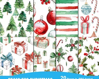 Watercolor Christmas Digital Paper, Seamless Printable Scrapbook Paper ...