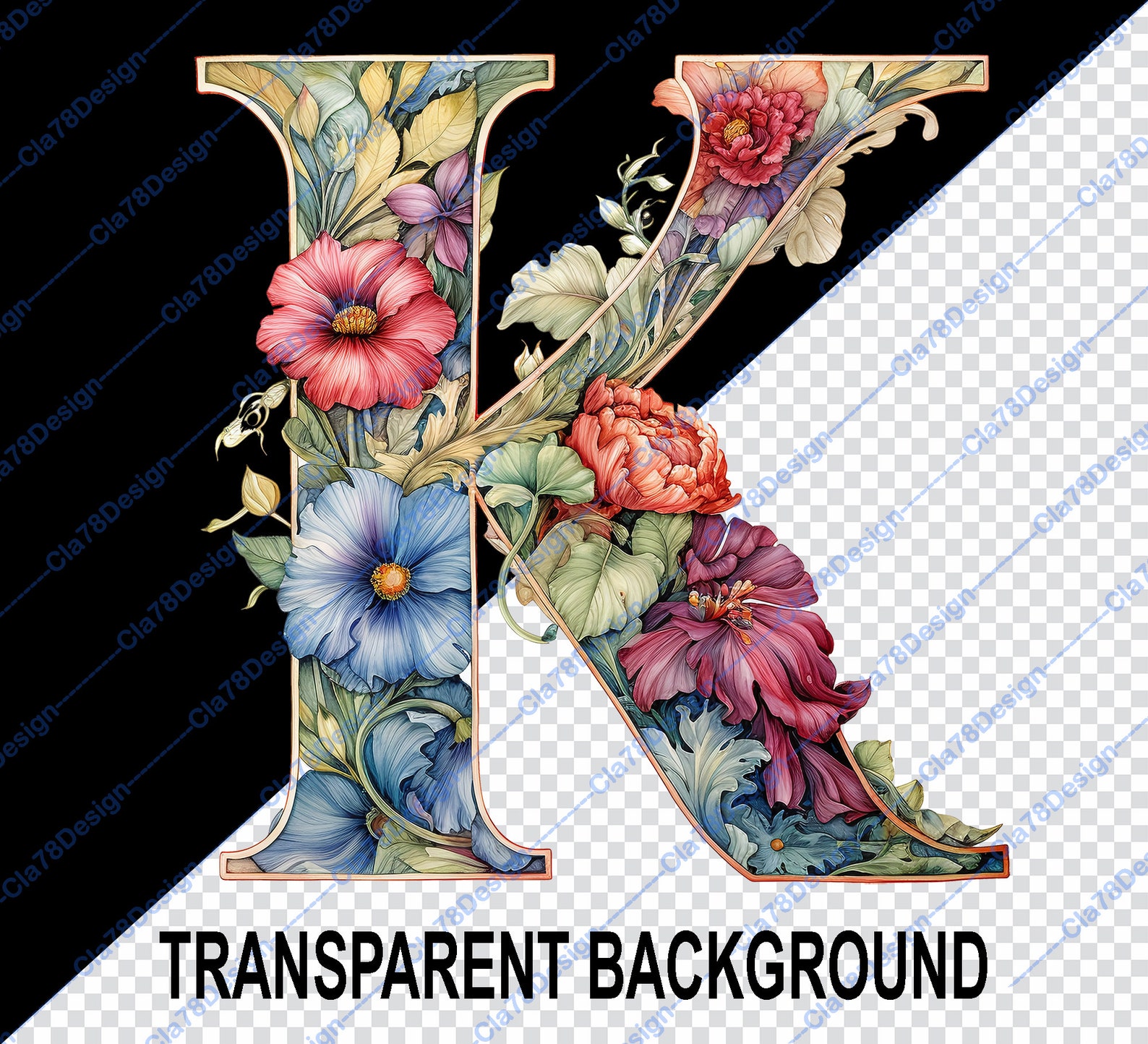 26 Floral Letters Clipart 5 X 5 Transparent Background Digital Download ...