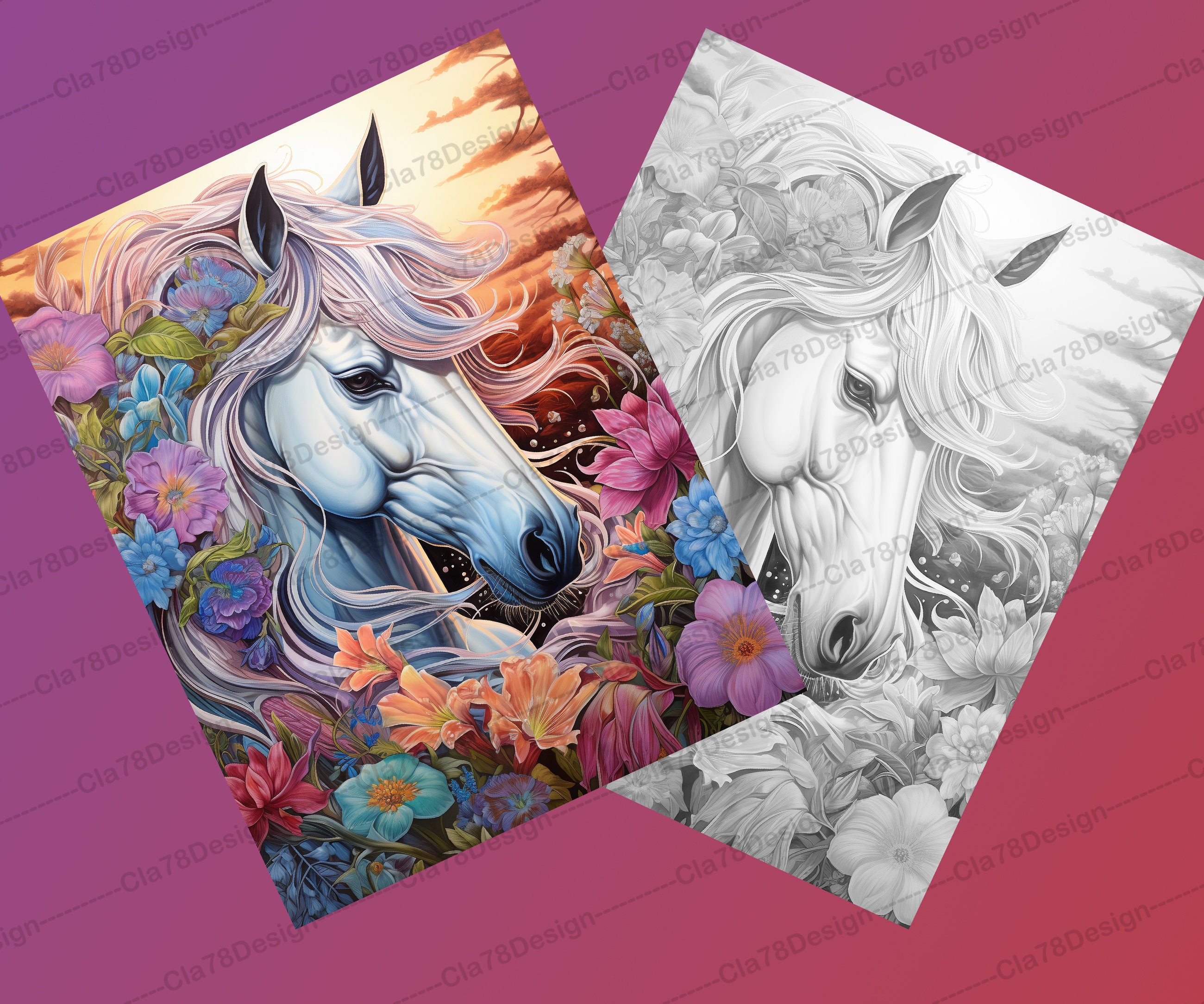 30 Floral White Horses Coloring Pages + Cover, Printable Adult Coloring ...