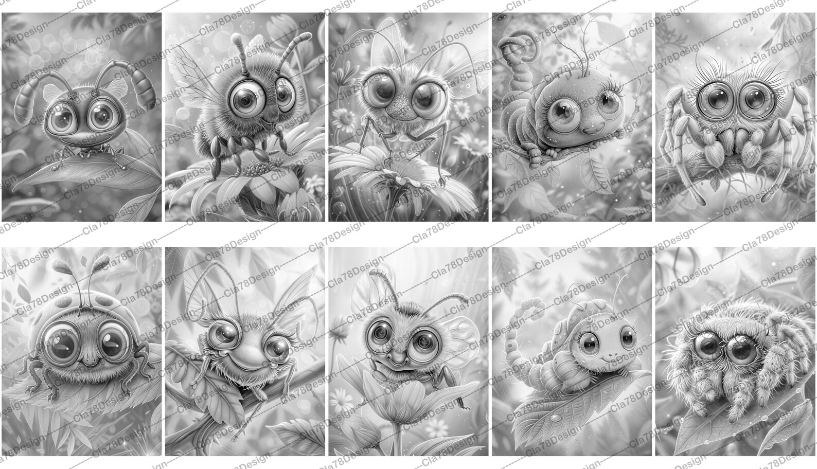 30 Cutie Bugs, Cute Insect Coloring Page Book, Adults and Kids Instant ...