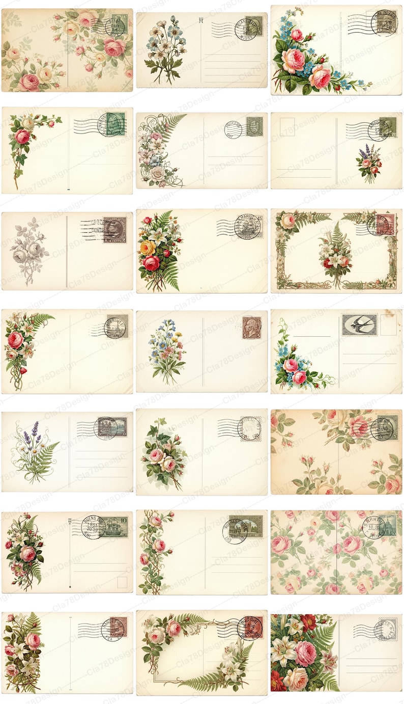 Printable Vintage Postcards, Floral Junk Journal Ephemera, Antique Post ...