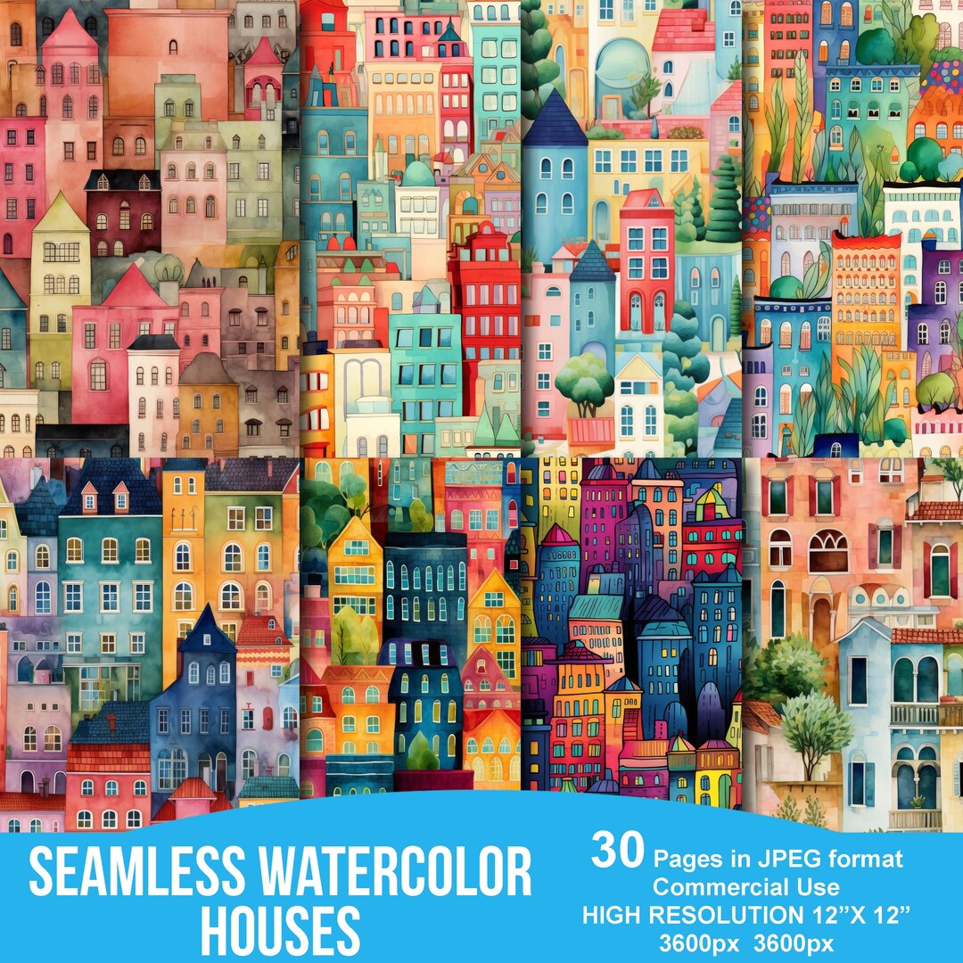 Watercolor Houses Seamless Background, Painted Houses Repeating Pattern ...