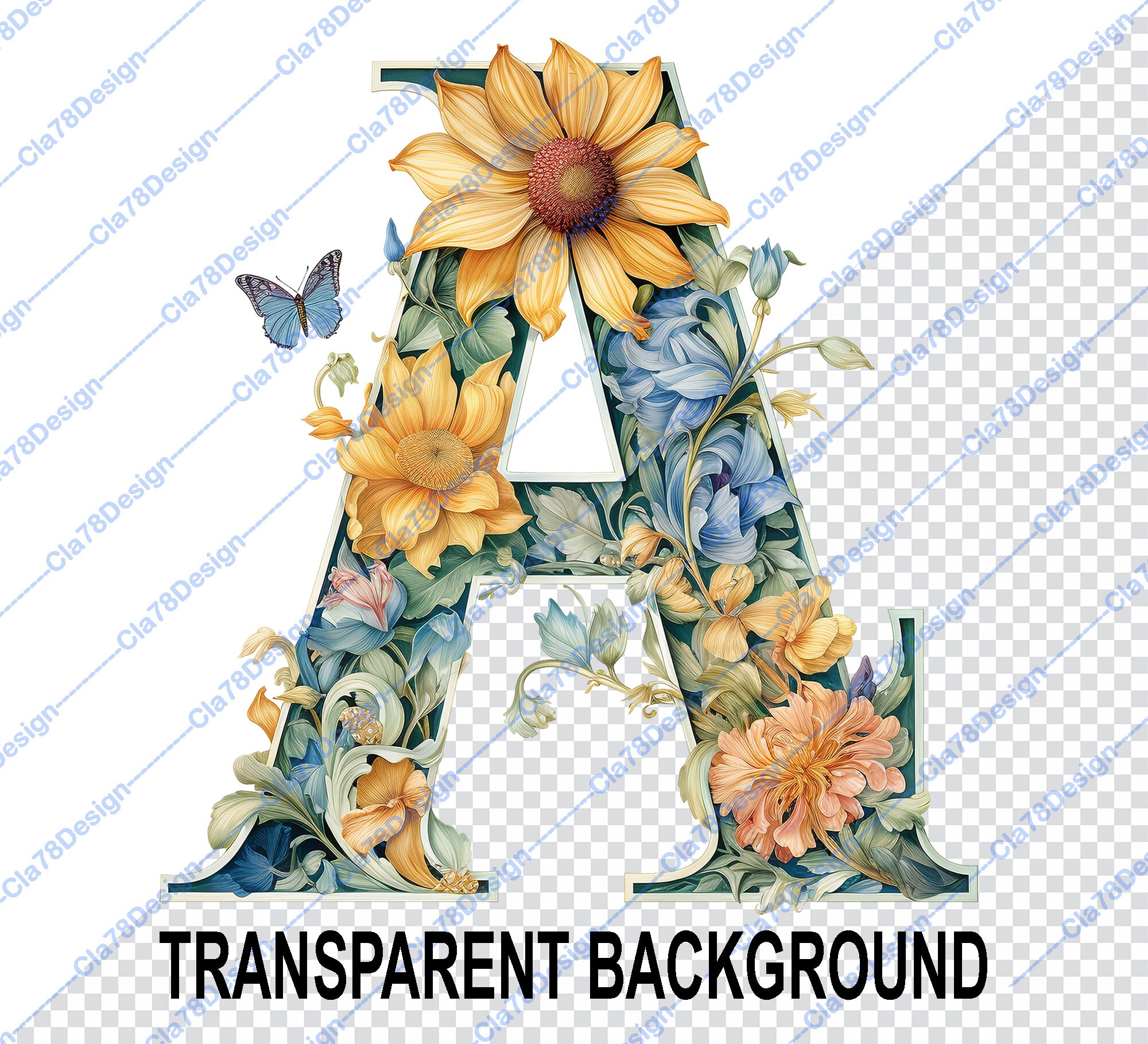 26 Floral Letters Clipart 5 X 5 Transparent Background Digital Download ...