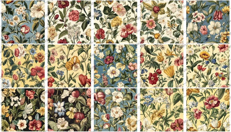 Vintage Botanical Seamless Patterns, Vintage Digital Papers, Commercial ...