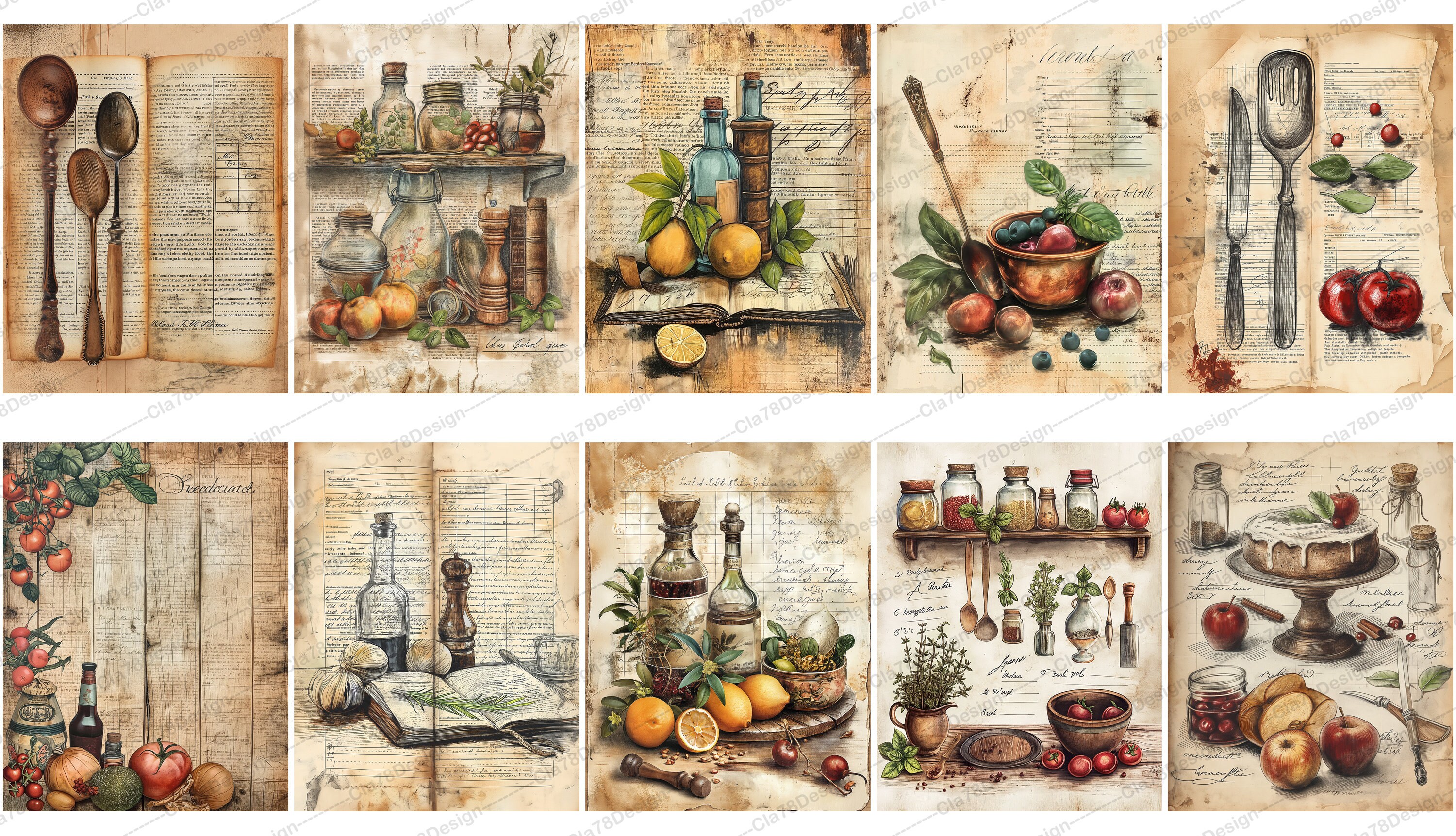 20 Vintage Cooking Junk Journal Pages, Digital Scrapbook Paper ...