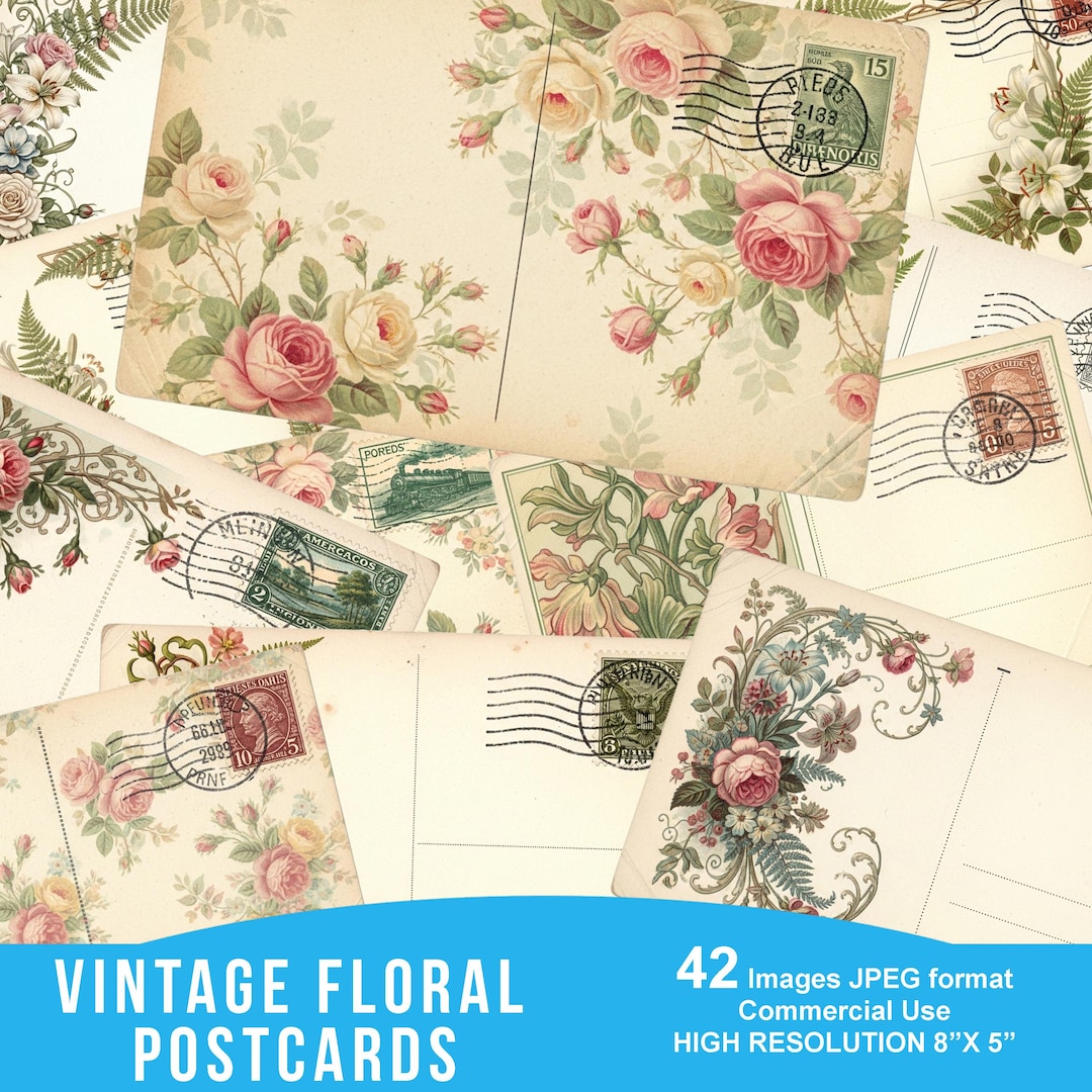 Printable Vintage Postcards, Floral Junk Journal Ephemera, Antique Post ...