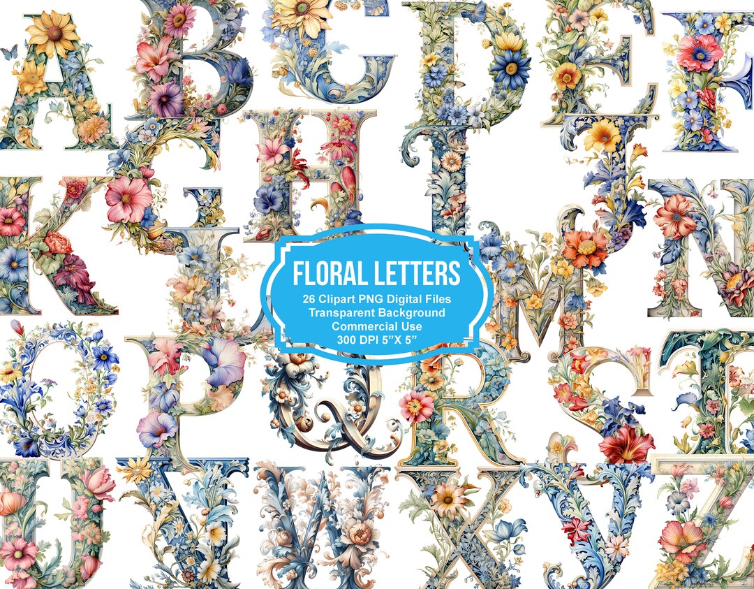 26 Floral Letters Clipart 5" X 5" - Transparent Background Digital ...