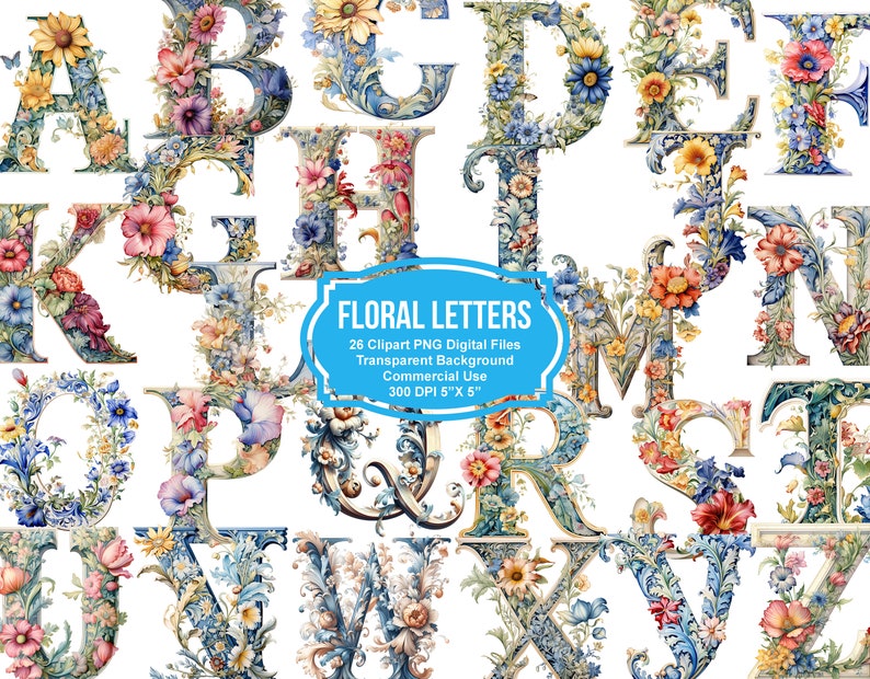 26 Floral Letters Clipart 5 X 5 Transparent Background Digital Download ...