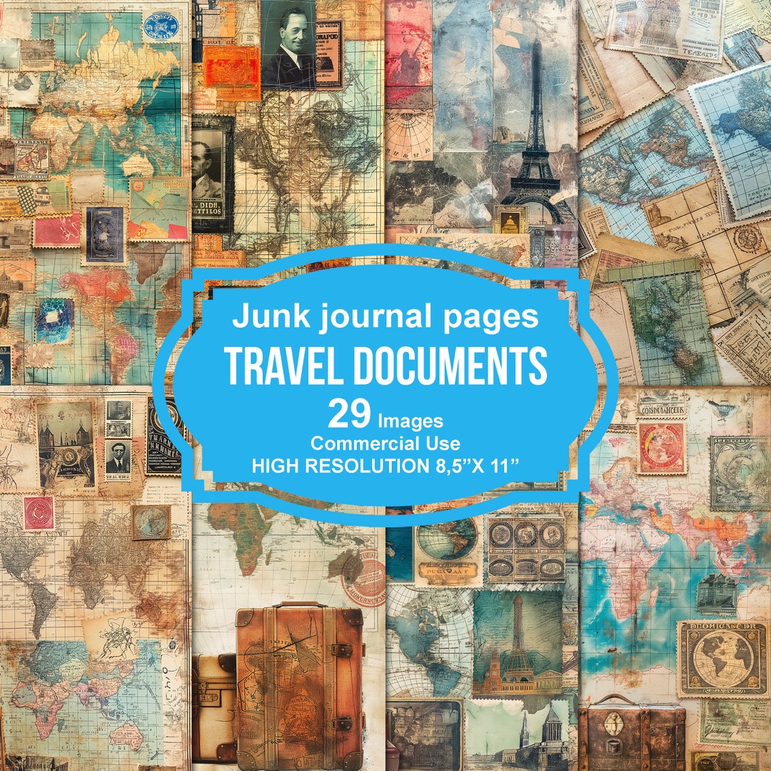 Travel Documents Digital Papers, Stamps Postage Scrapbook Kit, Maps ...