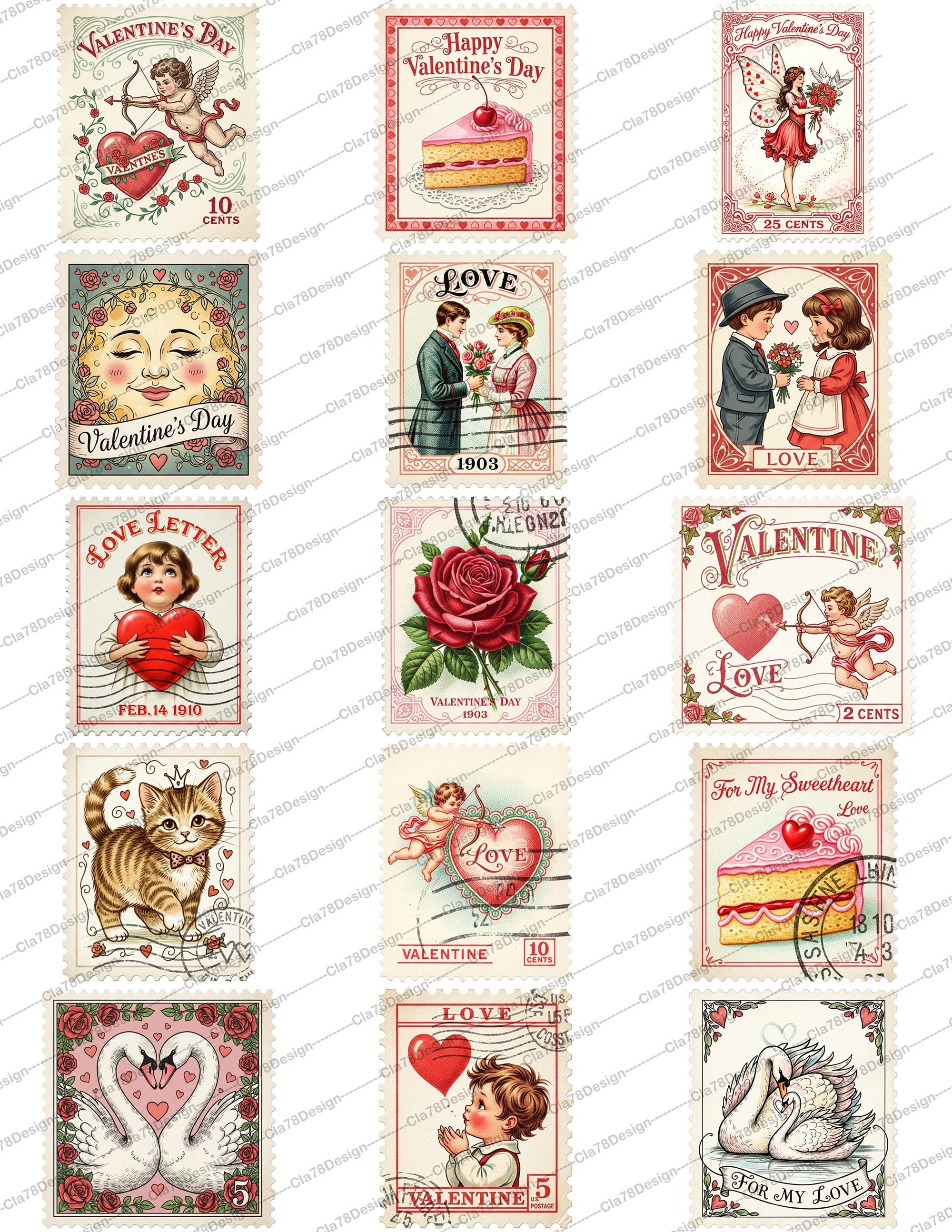 Vintage Valentine Ephemera Stamps, Printable Stamp Sheets, Digital ...