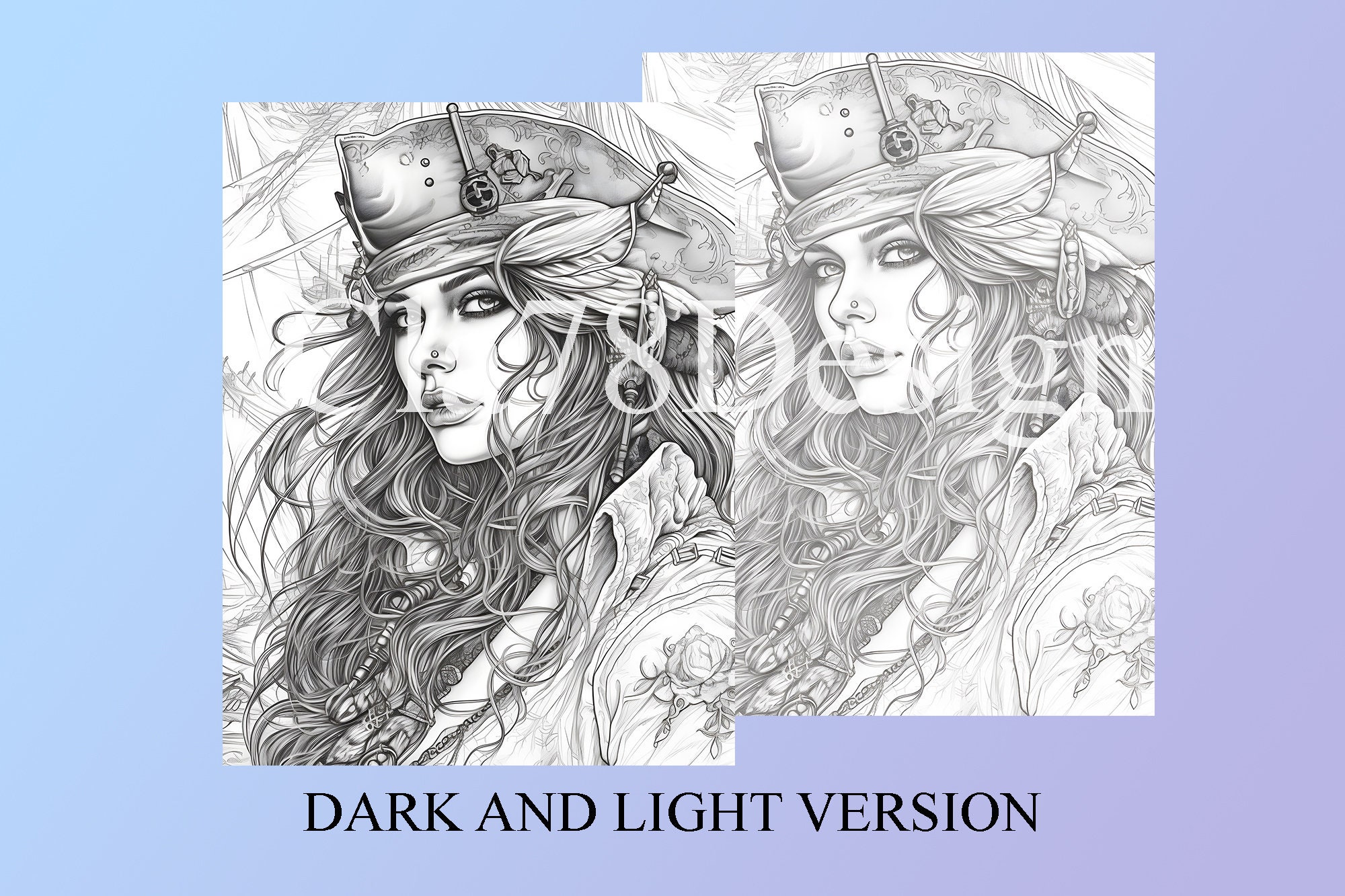 10 Grayscale Female Pirates Coloring Book, Printable Adult Coloring ...