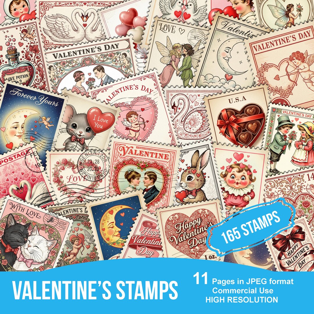 Vintage Valentine Ephemera Stamps, Printable Stamp Sheets, Digital ...