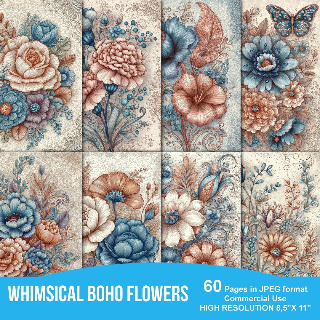Boho Floral Digital Papers, Boho Flowers Paper Pack, Floral Journal and ...