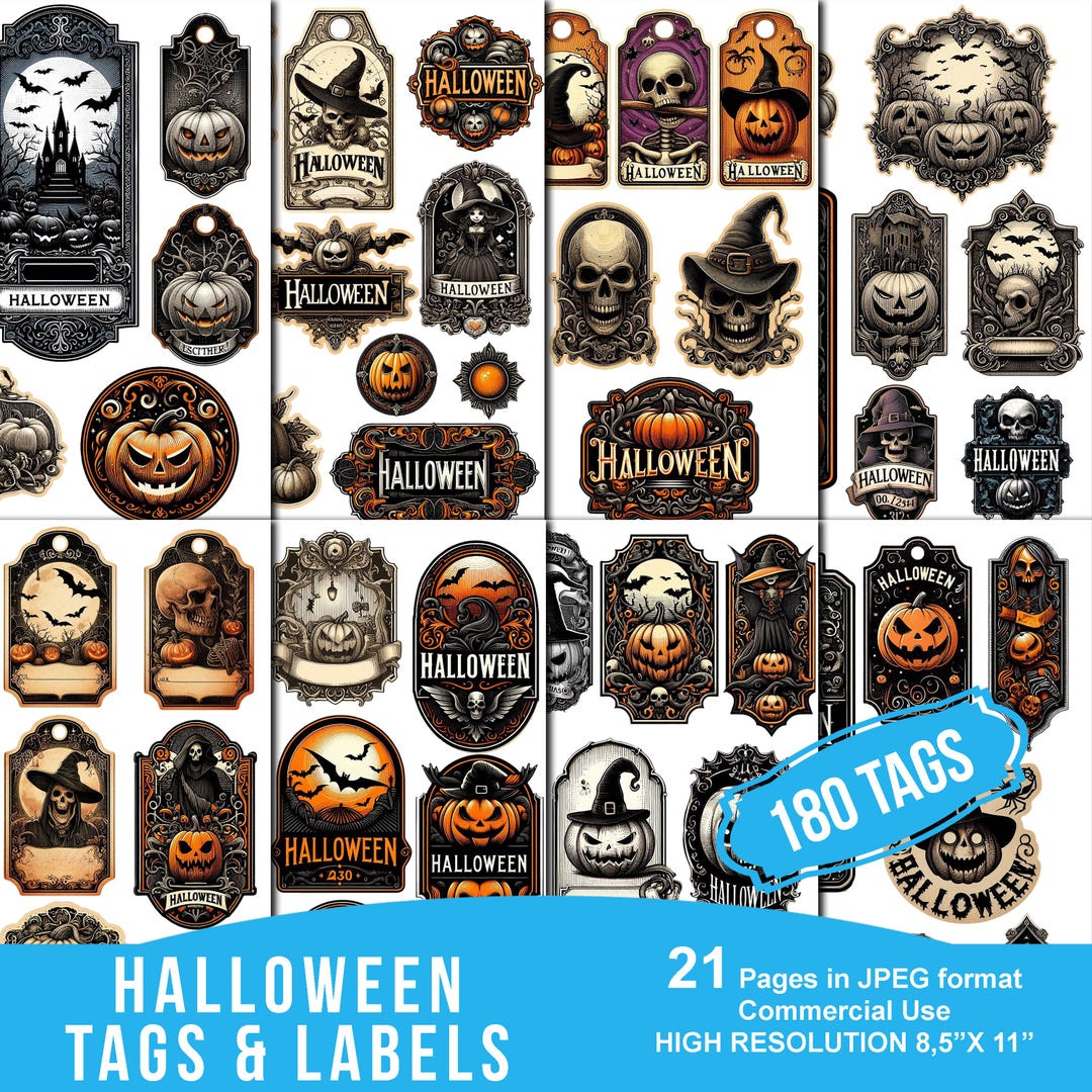 Halloween Tags and Labels Printable, Vintage Skull and Pumpkin Tags for ...