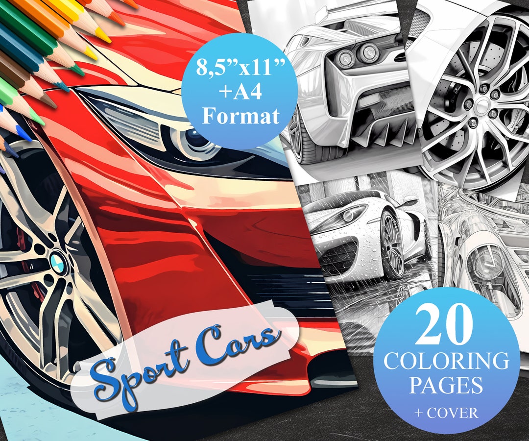 20 Sport Cars Coloring Pages + Cover, Printable Adult Coloring Book ...