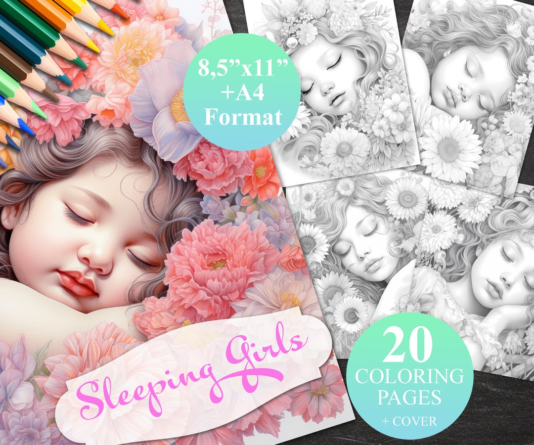 20 Sleeping Girls Coloring Pages + Cover, Printable Adult Coloring Book ...