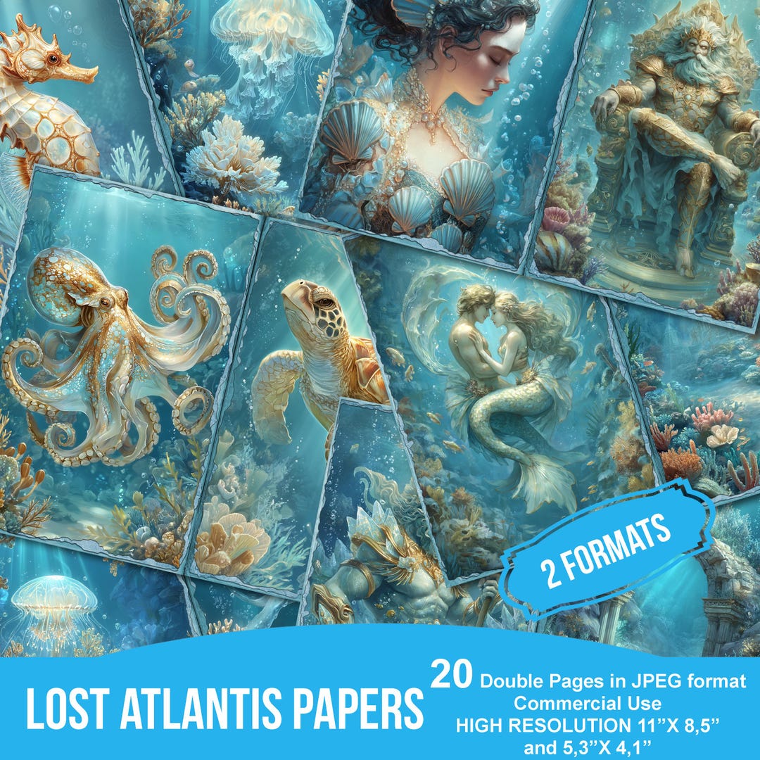 Lost Atlantis Junk Journal Paper, Underwater Printable Ephemera, Ocean ...