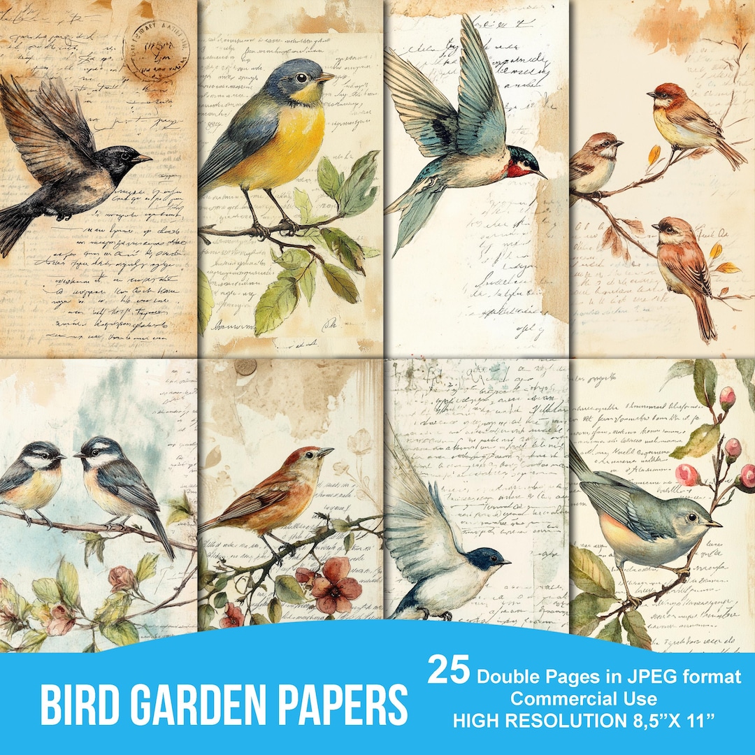 Bird Garden Junk Journal Pages, Bird Ephemera, Scrapbook Printable ...