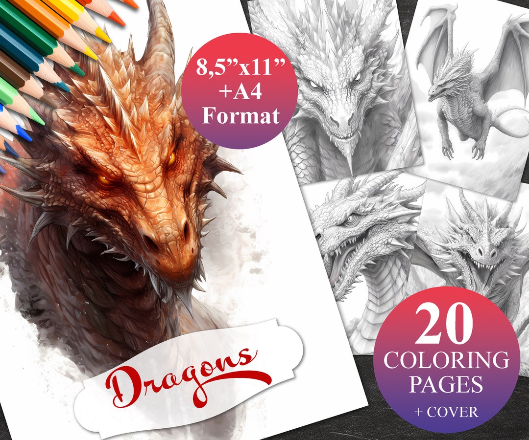 20 Majestic Dragons Coloring Pages + Cover, Printable Adult Coloring ...