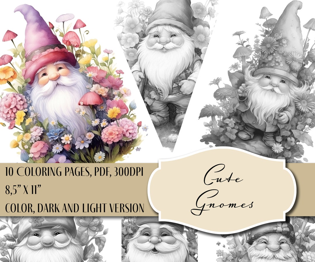 10 Grayscale Cute Gnomes Coloring Book, Printable Adult Coloring Pages ...