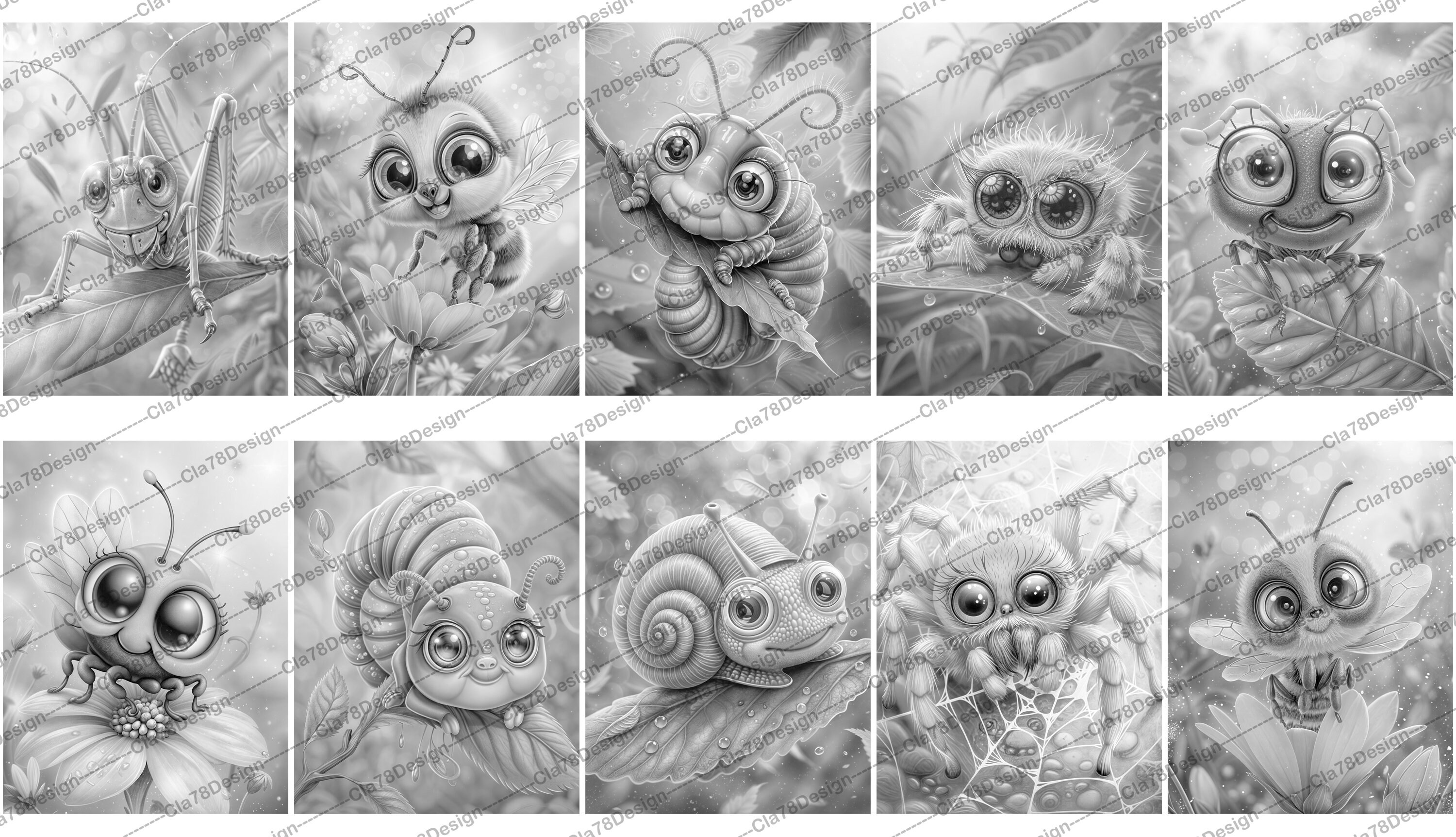 30 Cutie Bugs, Cute Insect Coloring Page Book, Adults and Kids Instant ...