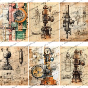 Mechanical Steampunk Drawings Digital Papers, Steampunk Scrapbook ...