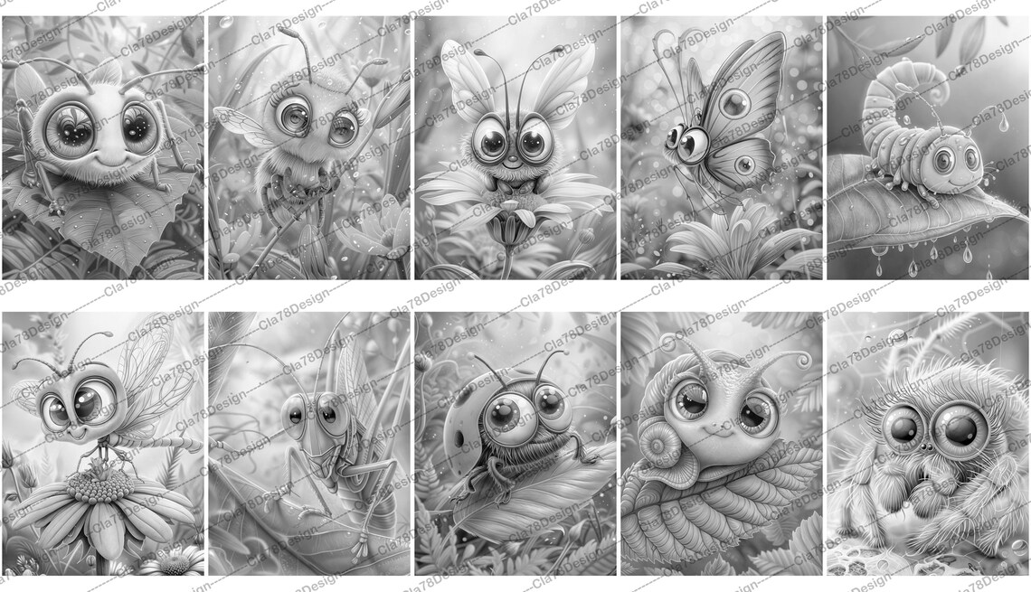 30 Cutie Bugs, Cute Insect Coloring Page Book, Adults and Kids Instant ...