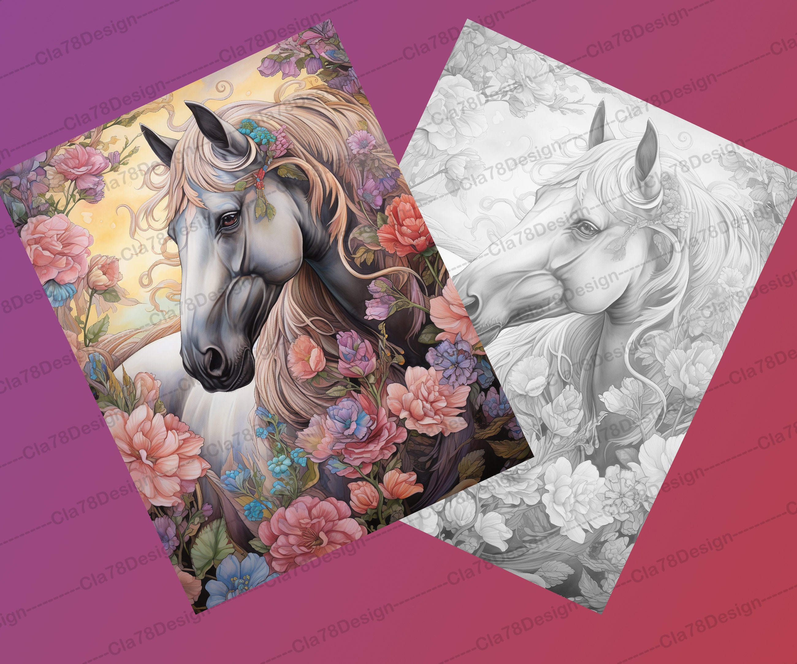 30 Floral White Horses Coloring Pages + Cover, Printable Adult Coloring ...