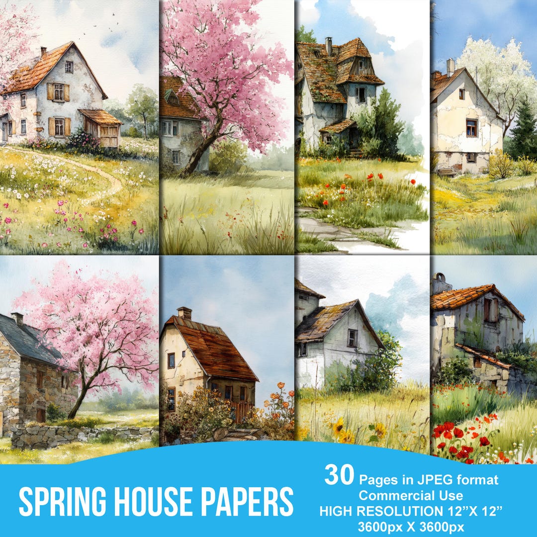 Shabby Chic Retro Spring Cottages Découpage - High Quality Watercolor ...